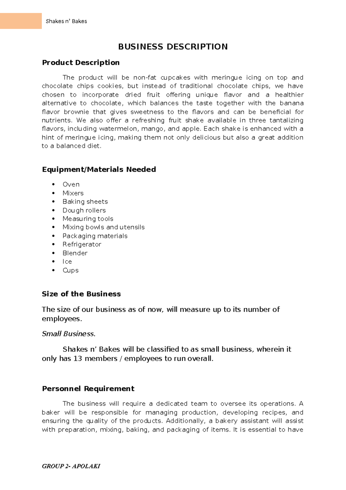 Business Description - Shakes n’ Bakes BUSINESS DESCRIPTION Product ...