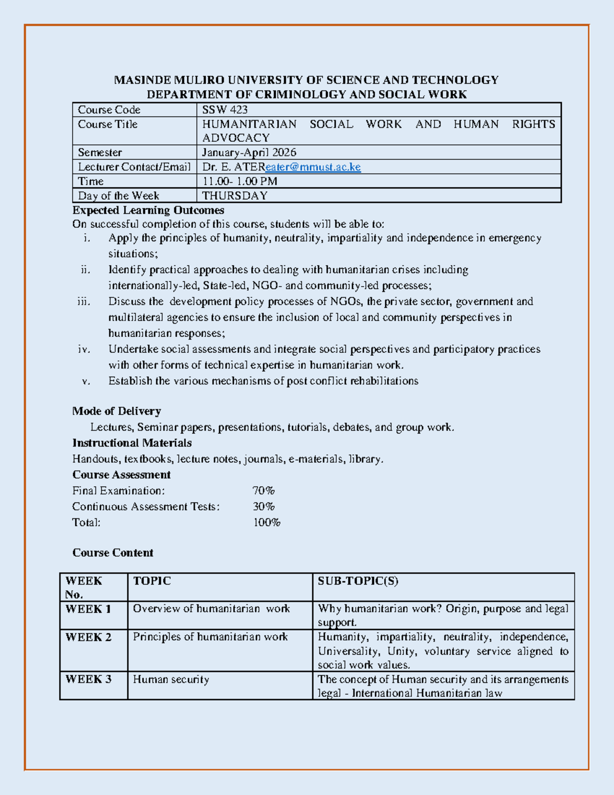 SSW 423 Humanitarian Social Work & Human Rights Advocacy Notes - Studocu