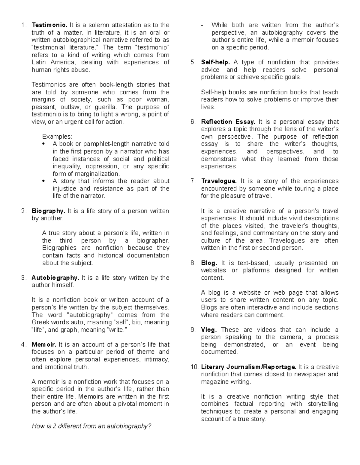 Types of Nonfiction: Exploring Various Genres and Forms - Studocu