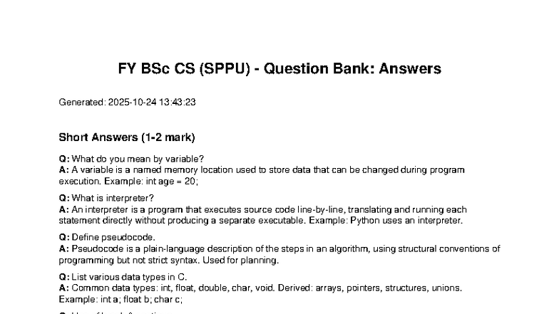 FY BSc CS (SPPU) Question Bank: Short & Long Answers - Studocu