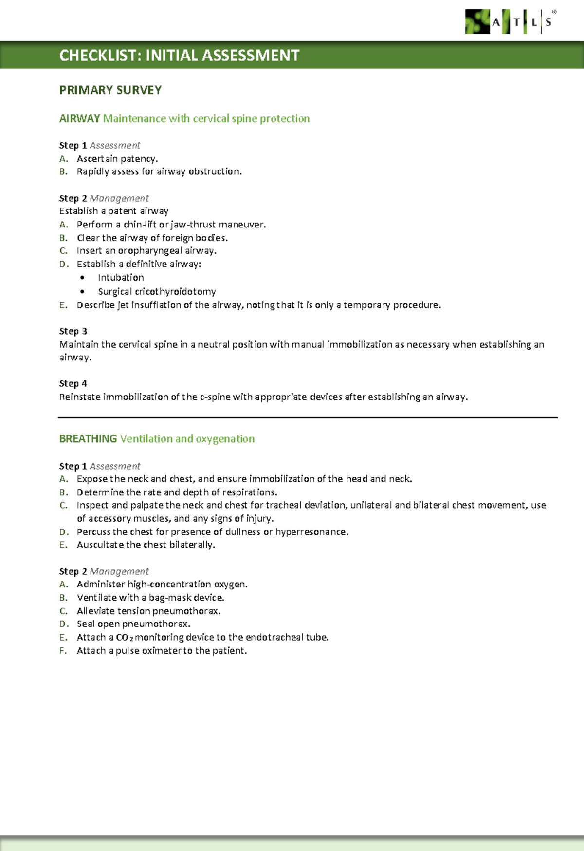 Initial Assessment Checklist for ATLS; Airway, Breathing, Circulation ...