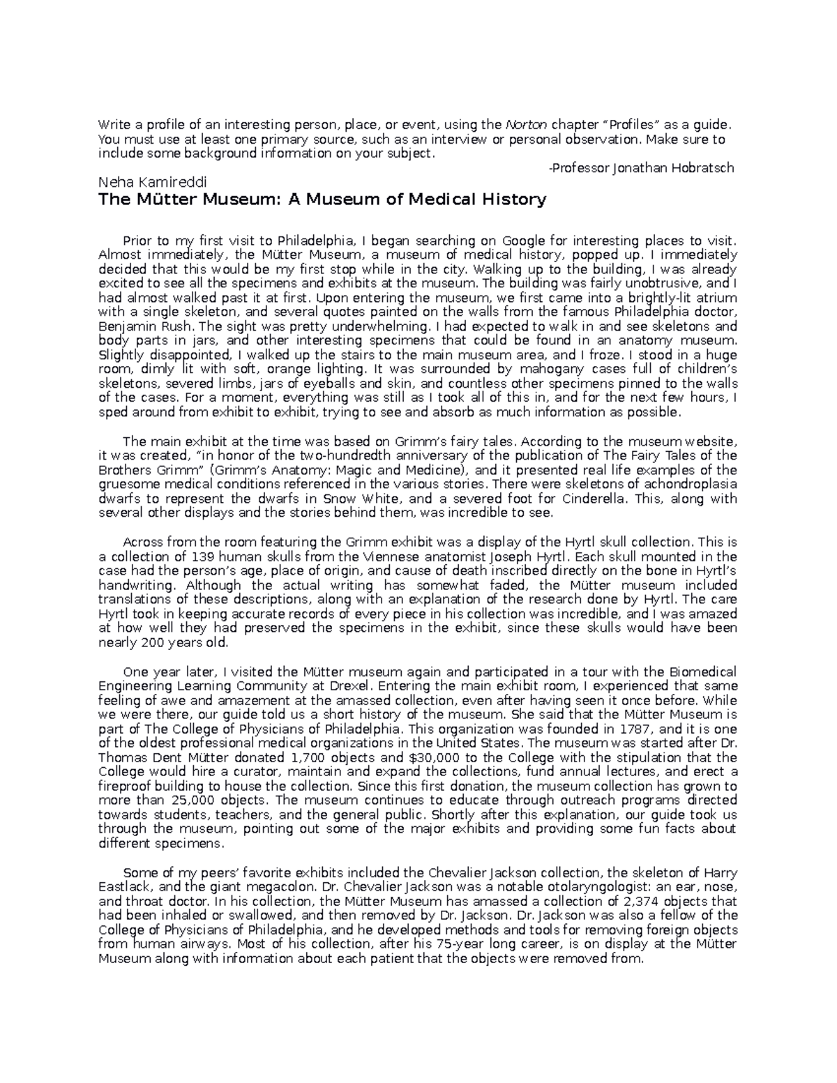 The Mutter Museum - sample essay - Write a profile of an interesting ...