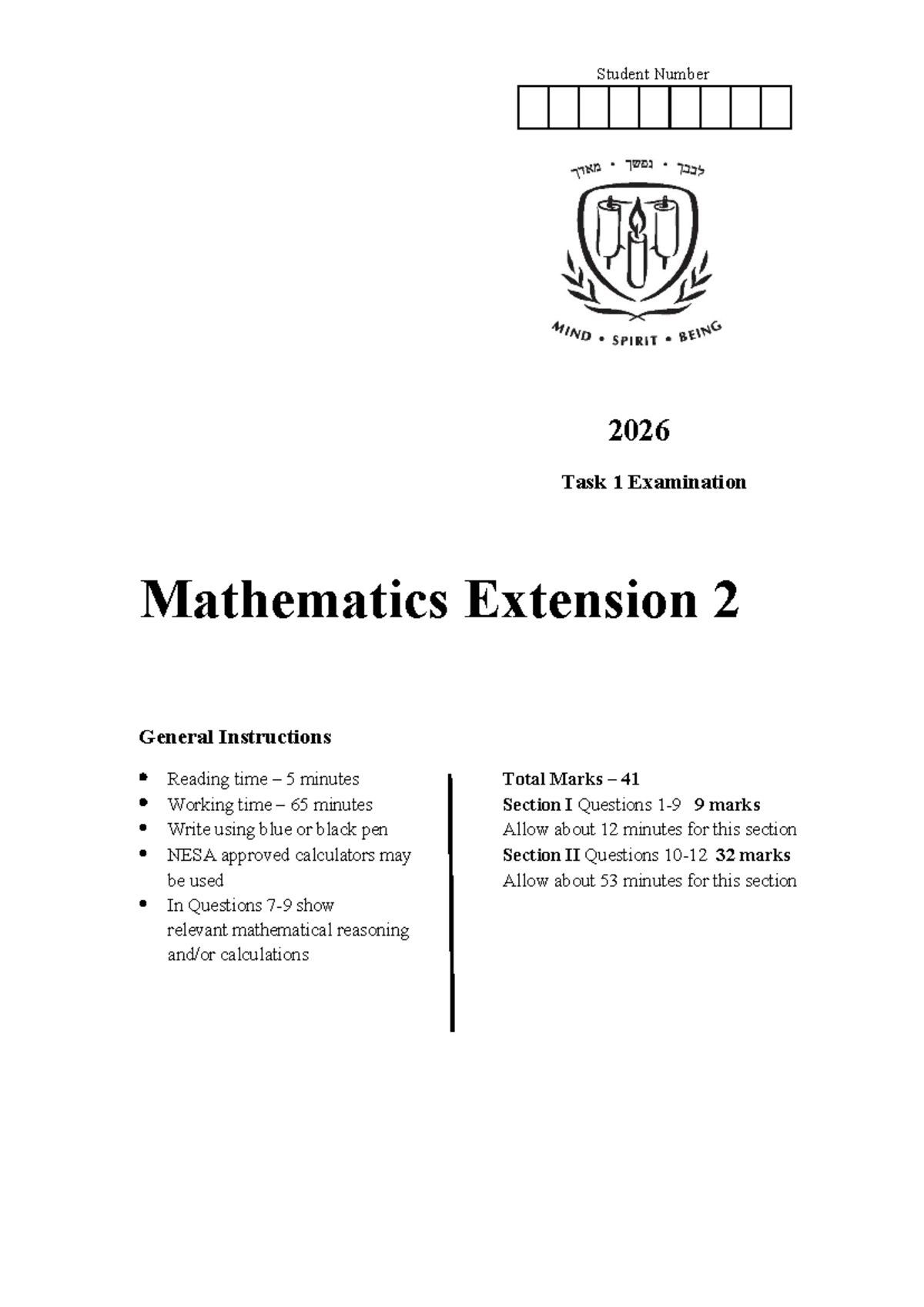 Mathematics Extension 2 Exam Task 1 - Complex Numbers I - Studocu