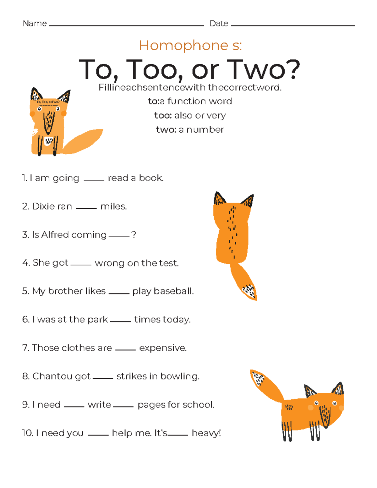 Homophones: To, Too, or Two? - Fill in the Blanks Exercise - Studocu