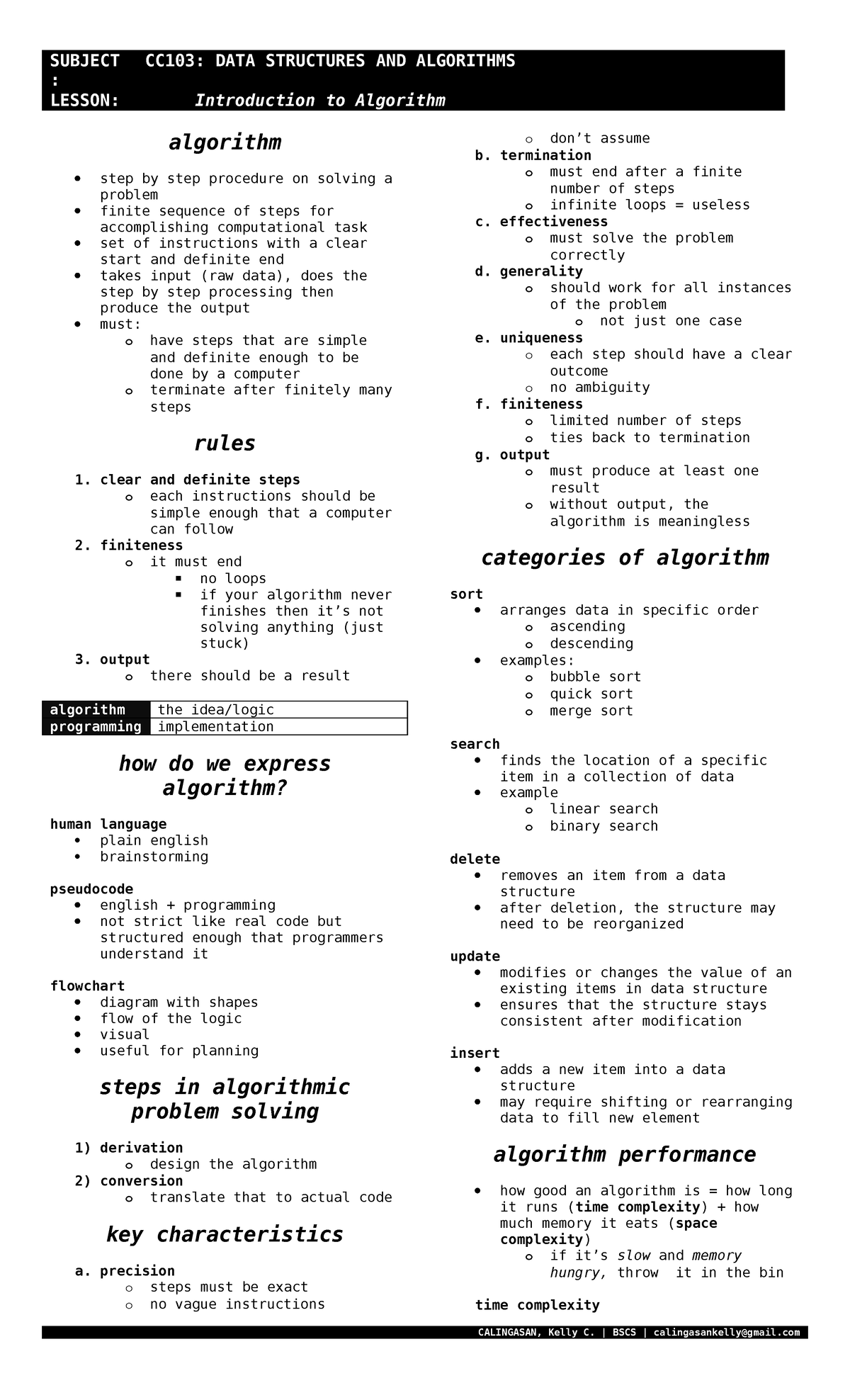 CC103: Lesson on Introduction to Algorithms and Their Characteristics ...