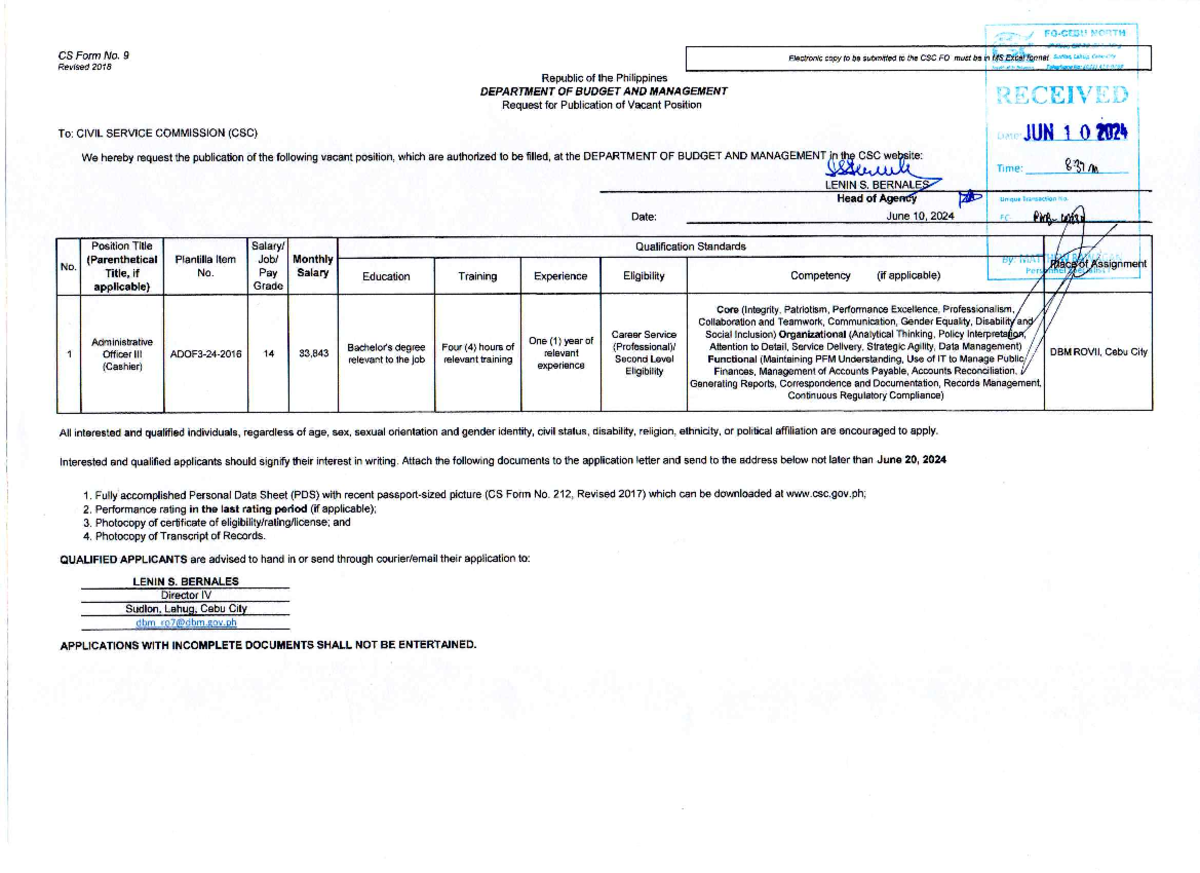 Bulletin of Vacant Positions dated June 10 2024 - NORTH CS Form No. 9 ...