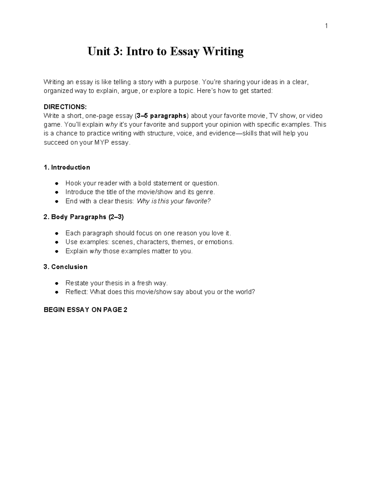 Unit 3: Intro to Essay Writing - Crafting Your Favorite Story - Studocu