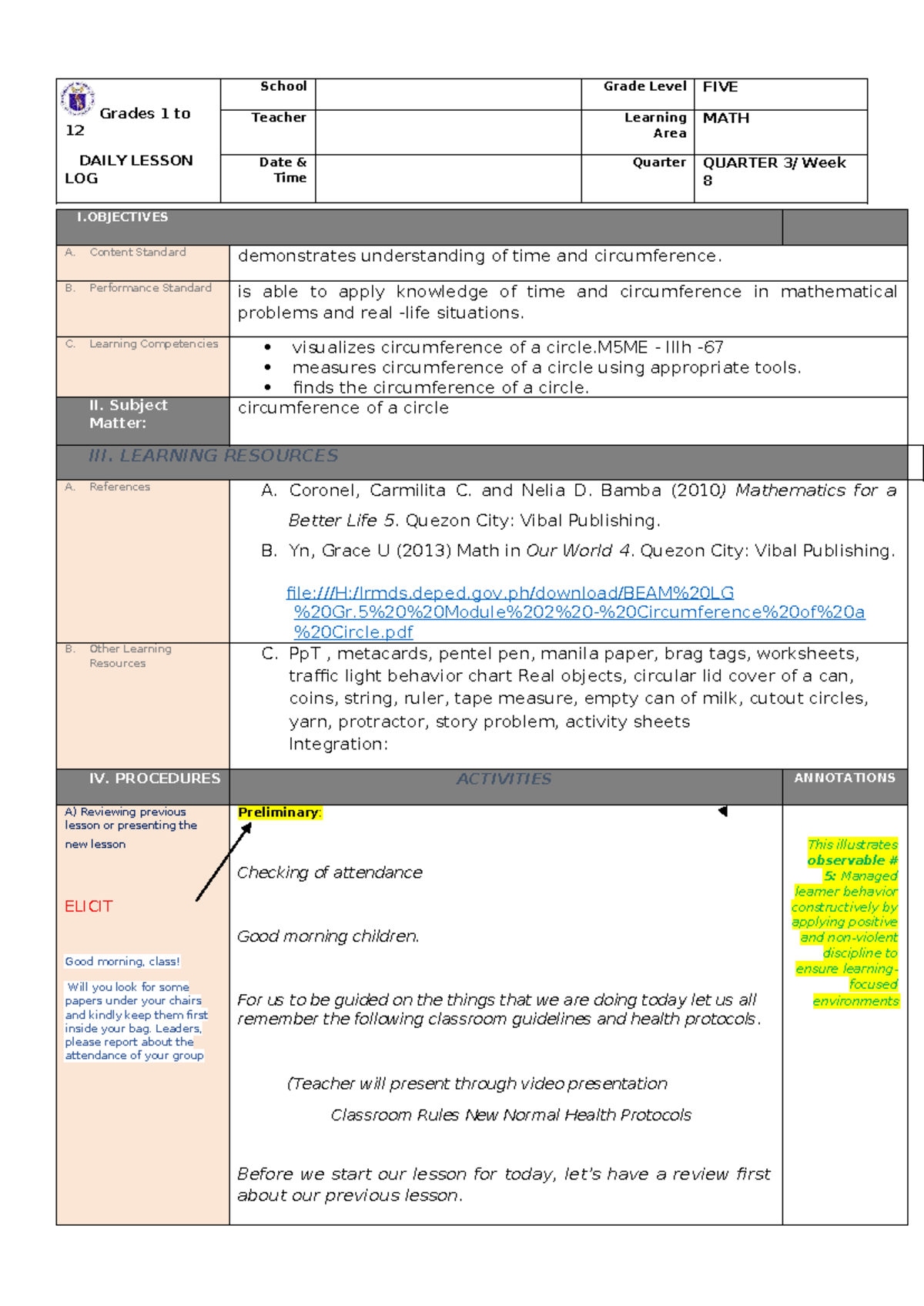 Cot-Q3-Math-5-3rd-Week-8-Daily-Lesson-Log-Circumference of Circle - Studocu