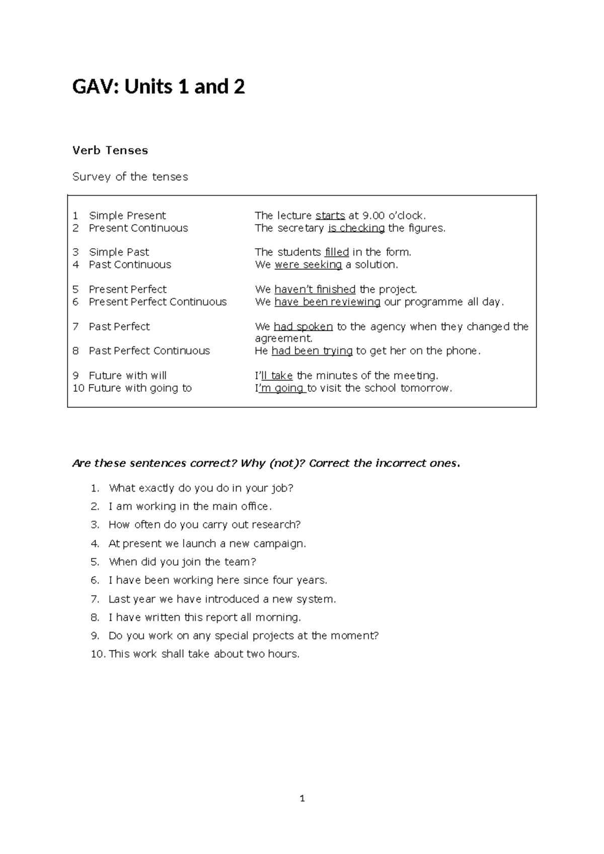 GAV 1 2 - Verb Tenses Practice and Corrections Guide - Studeersnel