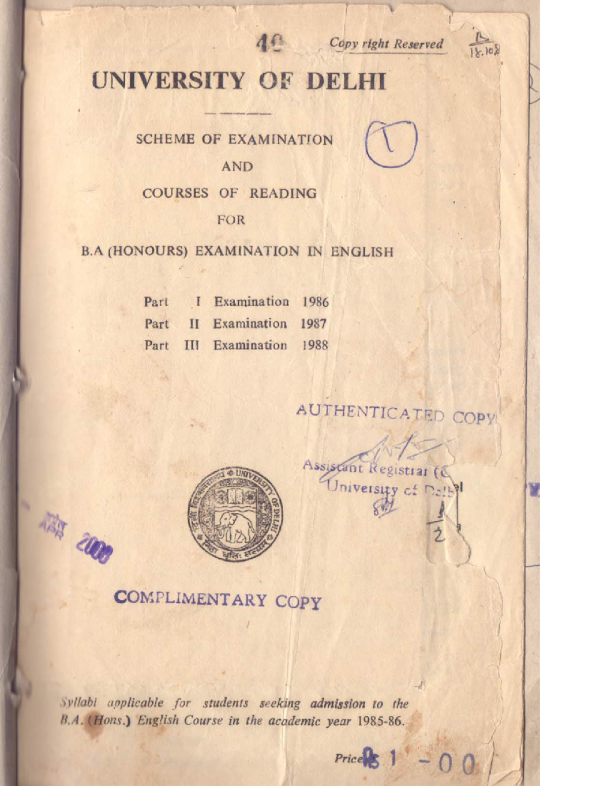 B.A. (Hons.) English Course Syllabus 1986-1988: Examination Scheme - Studocu