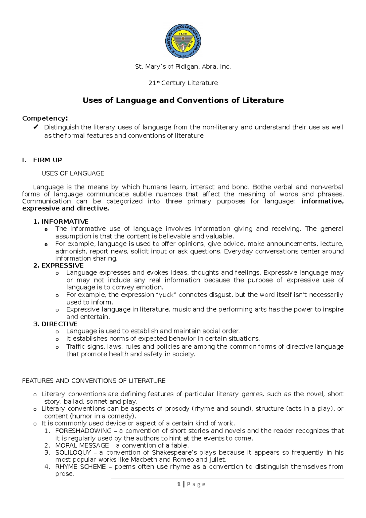 21st Century Literature Week 2 - Uses of Language & Conventions - Studocu