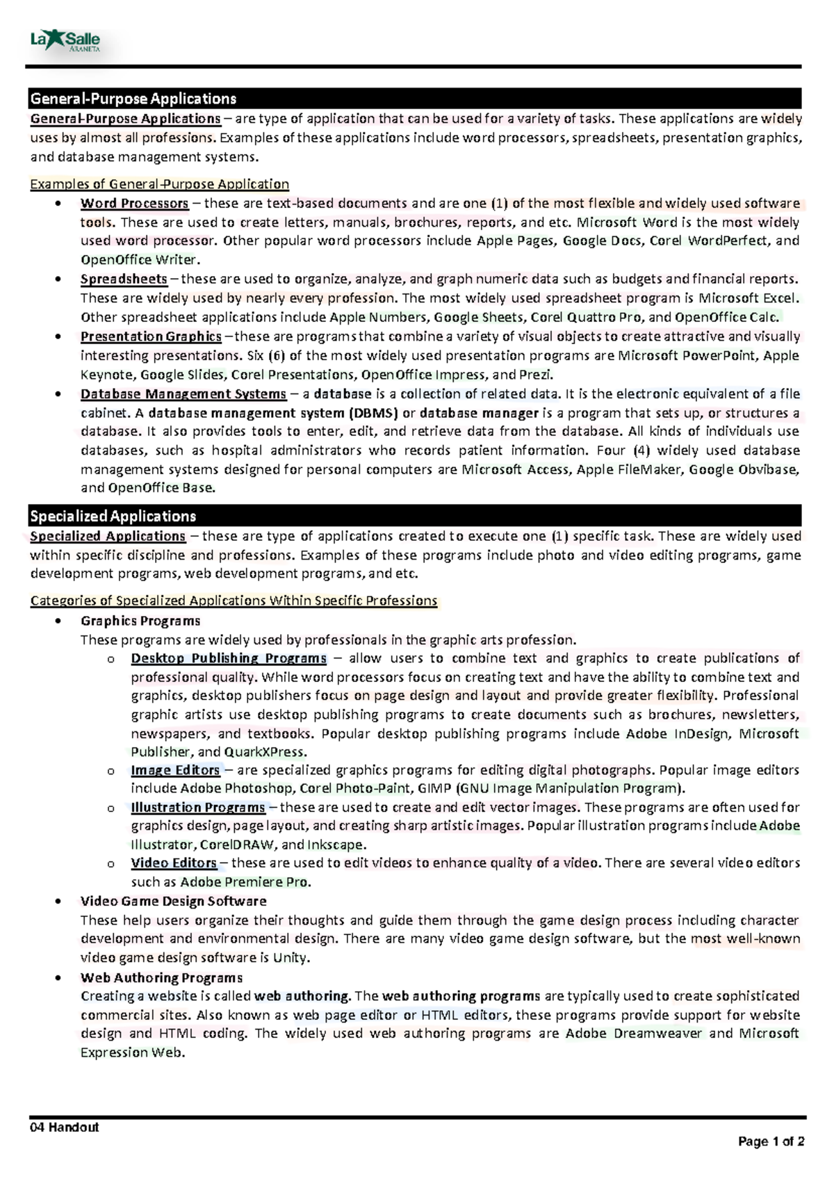 Lesson 4 - Application Software - 04 Handout Page 1 of 2 General ...