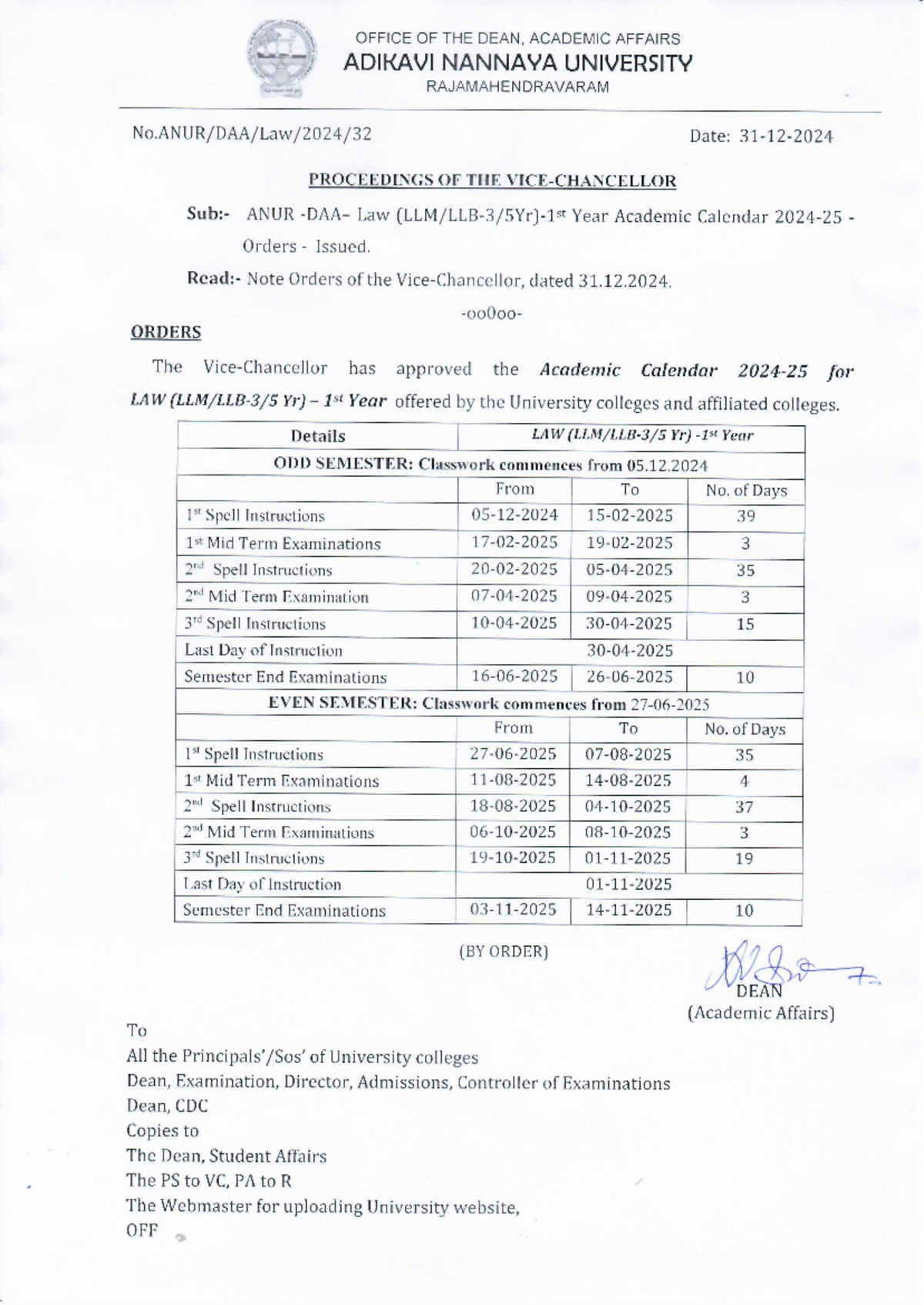 LAW Academic Calendar - 2024-2025 - OFFICE OF THE DEAN, ACADEMIC ...