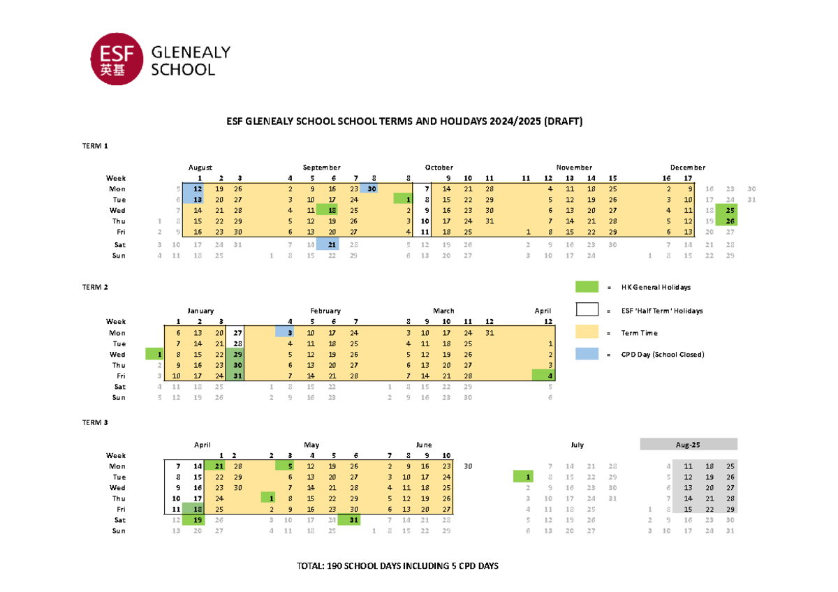 ESF GLENEALY SCHOOL TERM DATES & HOLIDAYS 2024-25 (DRAFT) - Studocu