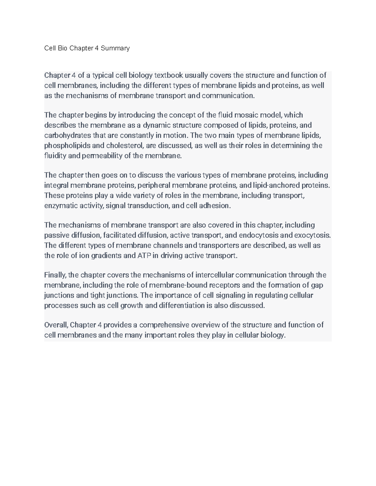 Cell Bio CH4 Summary: Membrane Structure, Function & Transport - Studocu