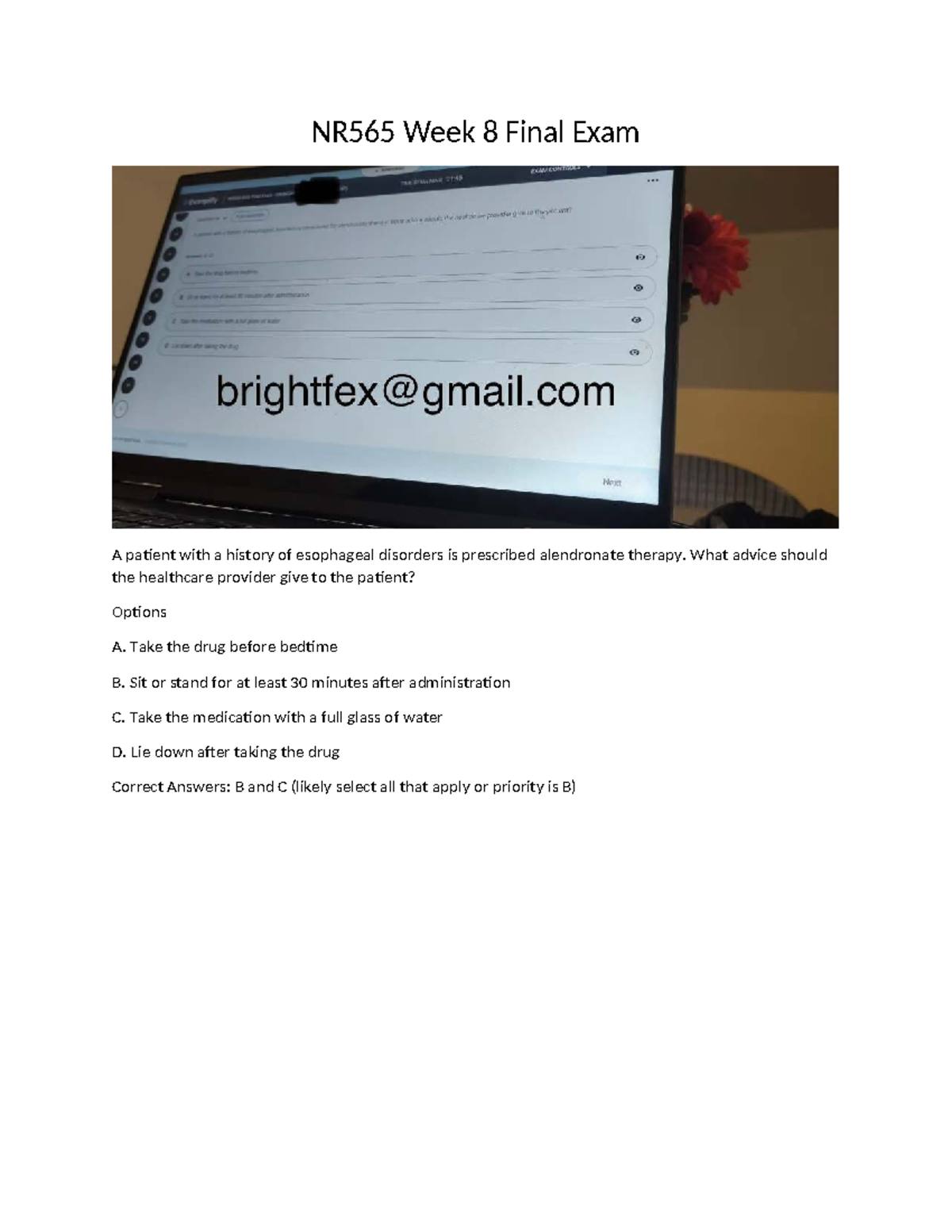 NR565 Week 8 Final Exam: Alendronate Therapy & Dietary Supplements ...