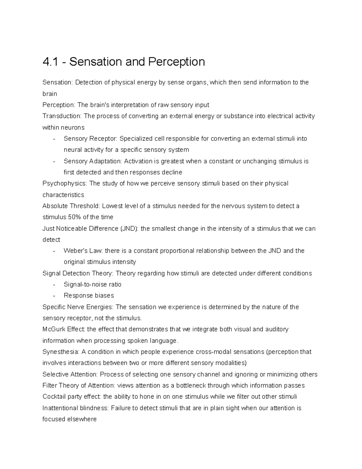 PSY2012 Chapter 4: Sensation and Perception Overview - Studocu