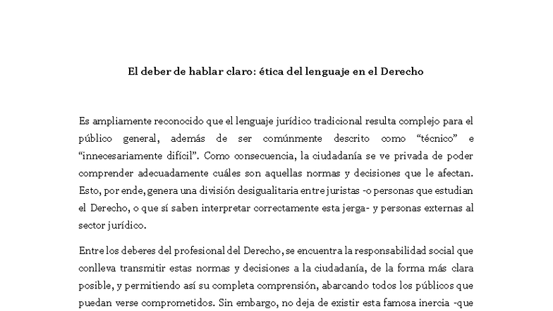 El deber de hablar claro: Ética del lenguaje en el Derecho - COE - Studocu