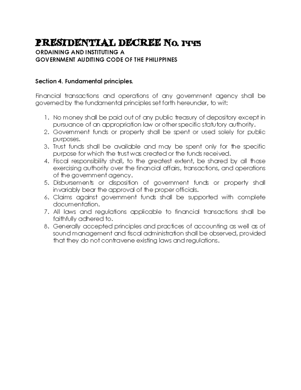 PD-1445: Government Auditing Code Principles and Guidelines - Studocu