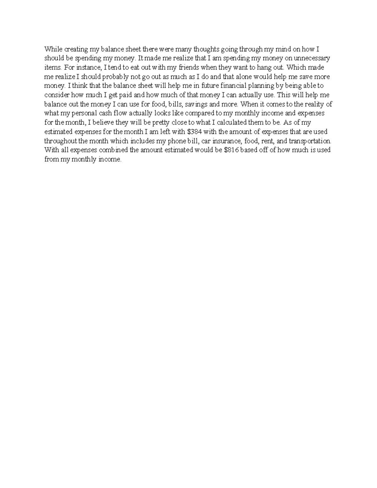 Financial Portfolio Part 1 Summary - While creating my balance sheet ...