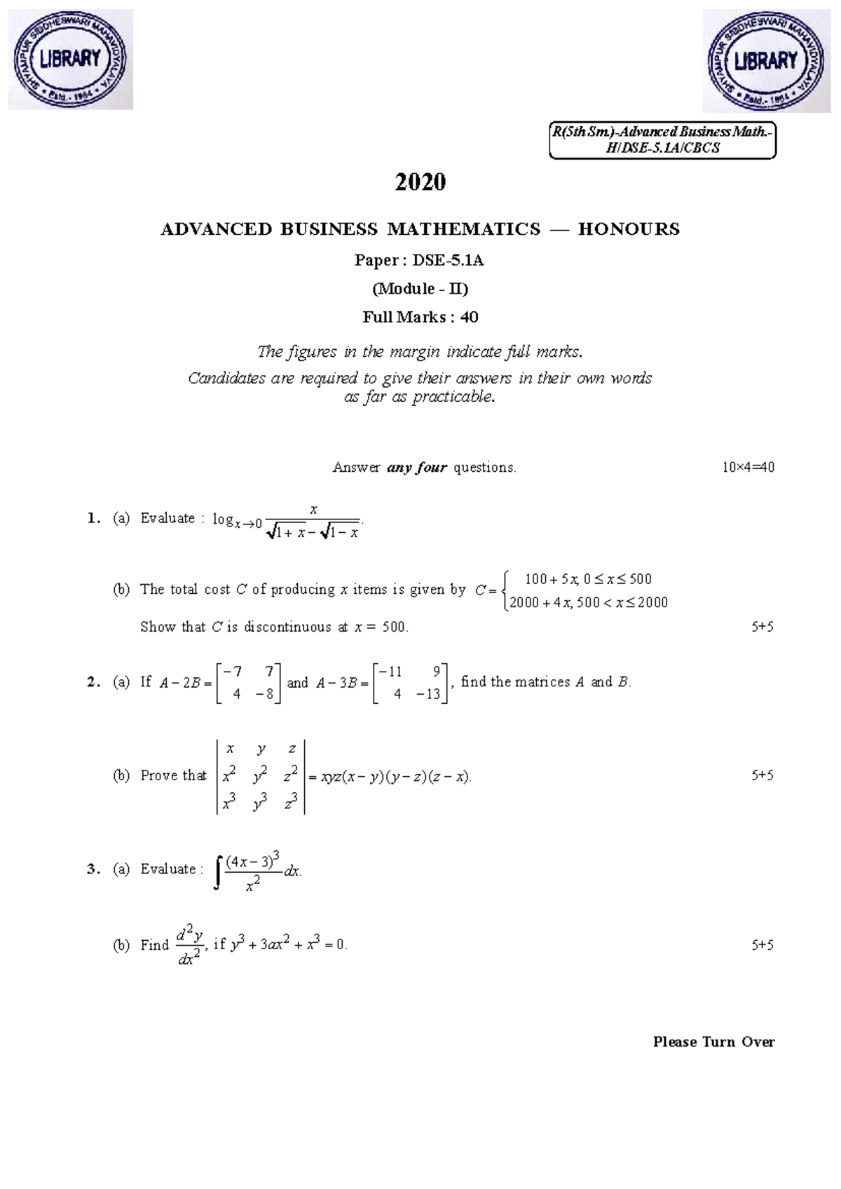 Advanced Business Mathematics (Honours) M2 Exam Paper 2020 - Studocu