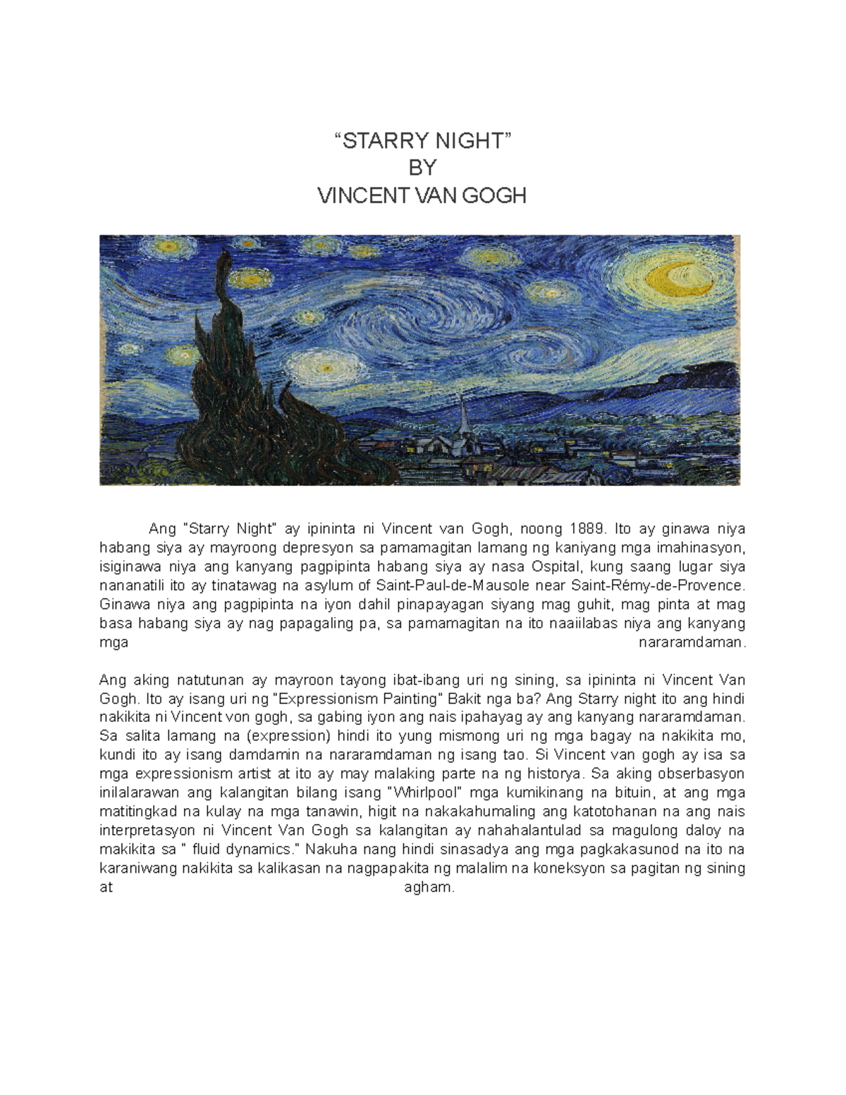 Starry Night by Van Gogh: An Expressionism Analysis (Art 101) - Studocu