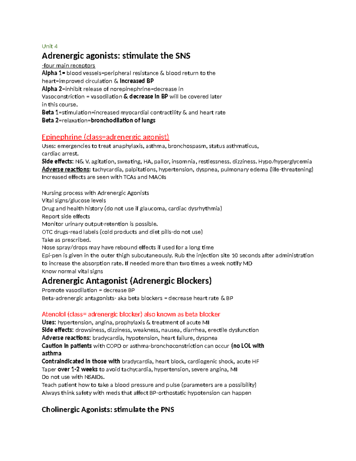 Exam 2 PHARM Notes: Adrenergic & Cholinergic Medications Summary - Studocu