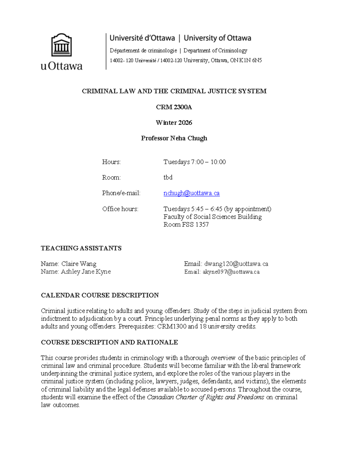 CRM 2300A Winter 2026: Criminal Law & Justice System Syllabus - Studocu