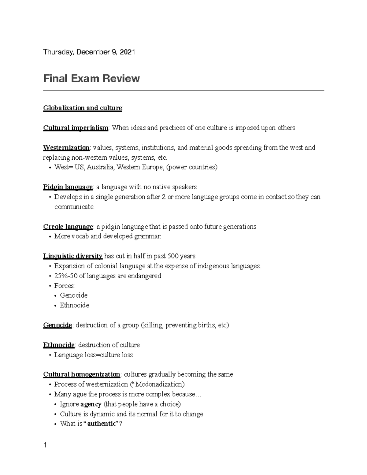 Final Exam Review - Thursday, December 9, 2021 Final Exam Review ...