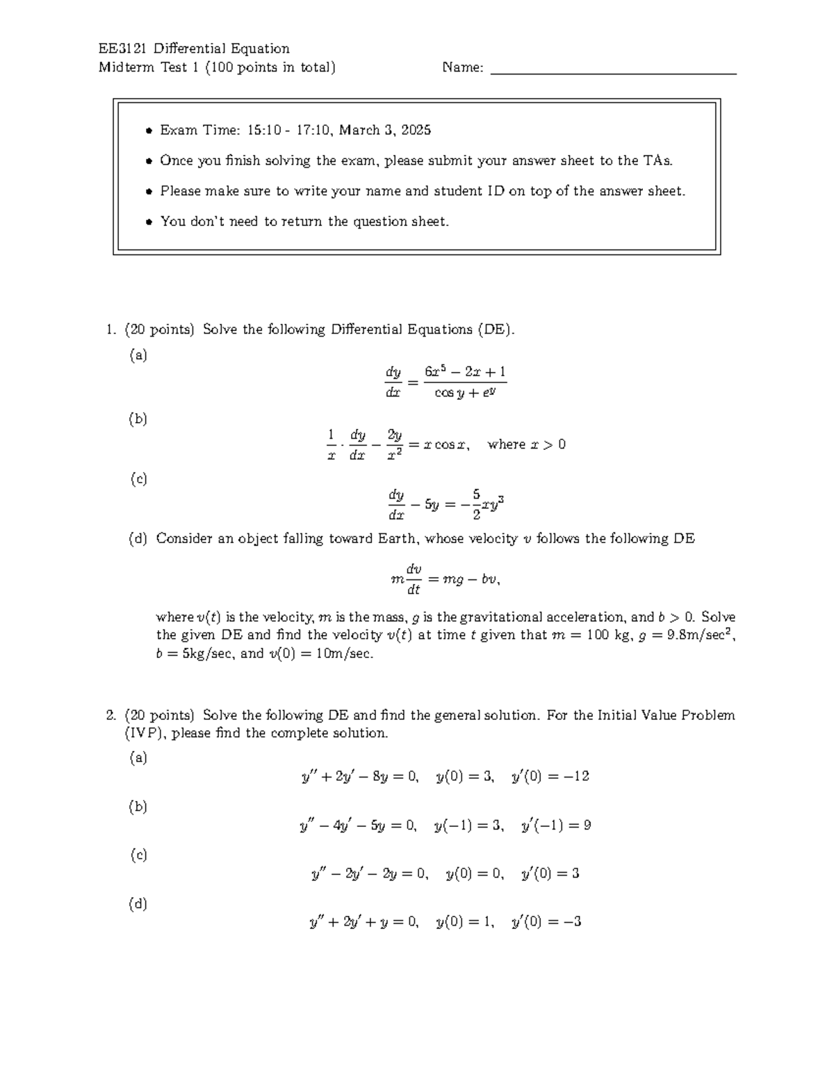 EE3121 Differential Equations Midterm Test 1 Past Paper - Studocu
