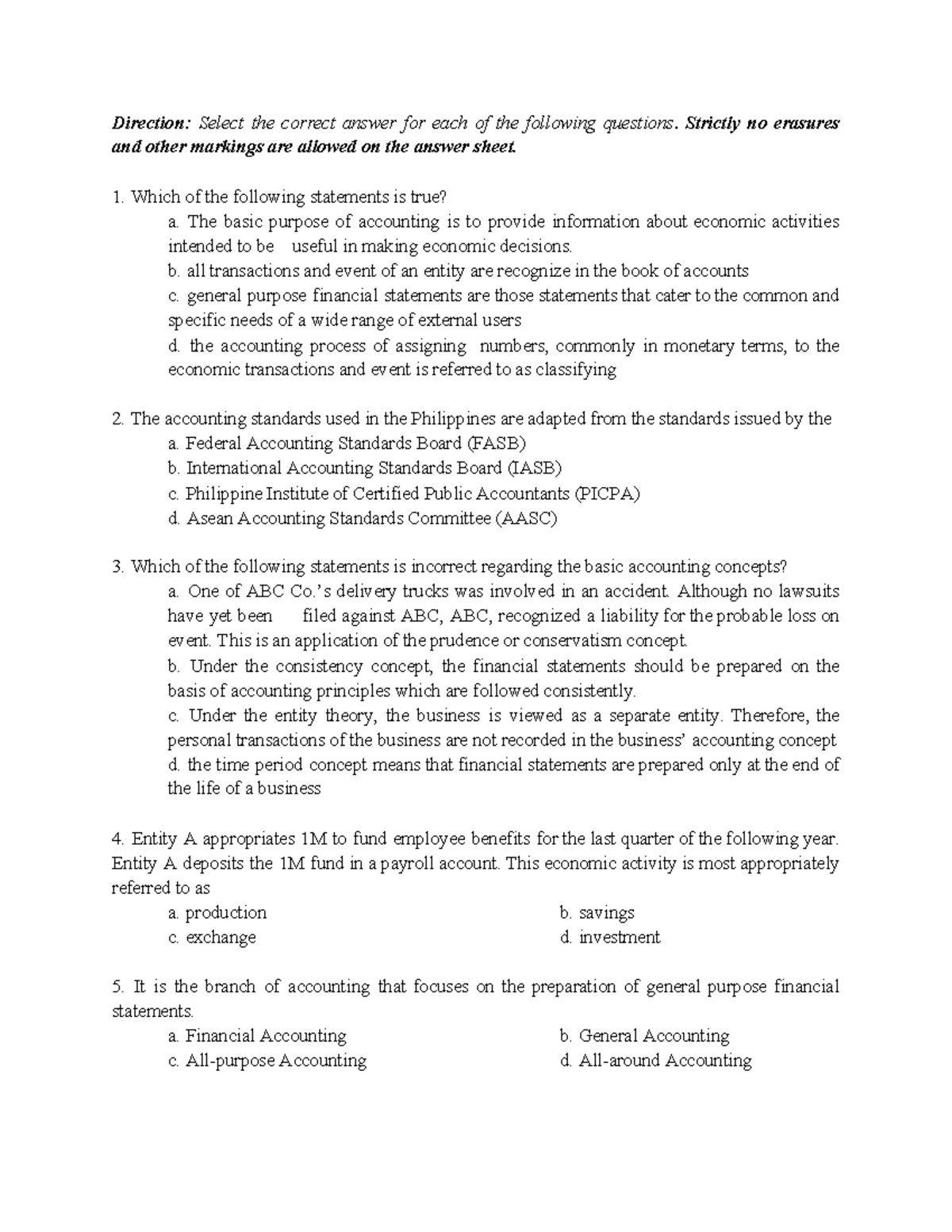 Basic Accounting Concepts and Questions for Review (ACC101) - Studocu