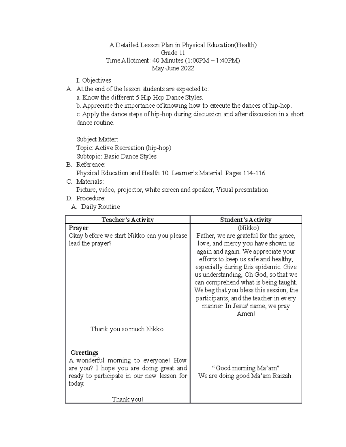 Grade 11 PE Lesson Plan: 5 Hip Hop Dance Styles Overview - Studocu