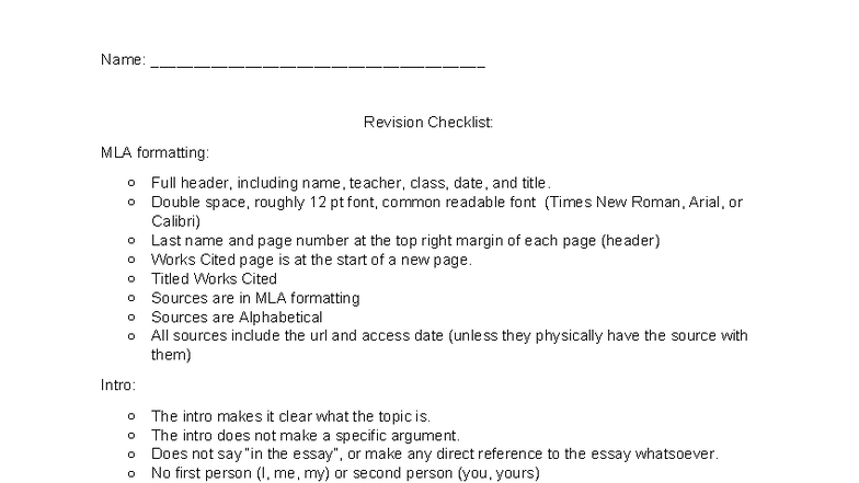 MLA Formatting Revision Checklist for Essay Writing - Studocu