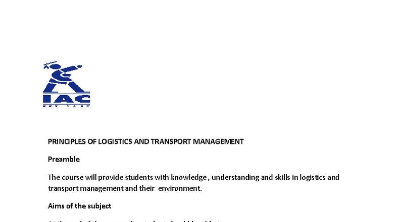 PLTM-1: Principles of Logistics & Transport Management Overview - Studocu
