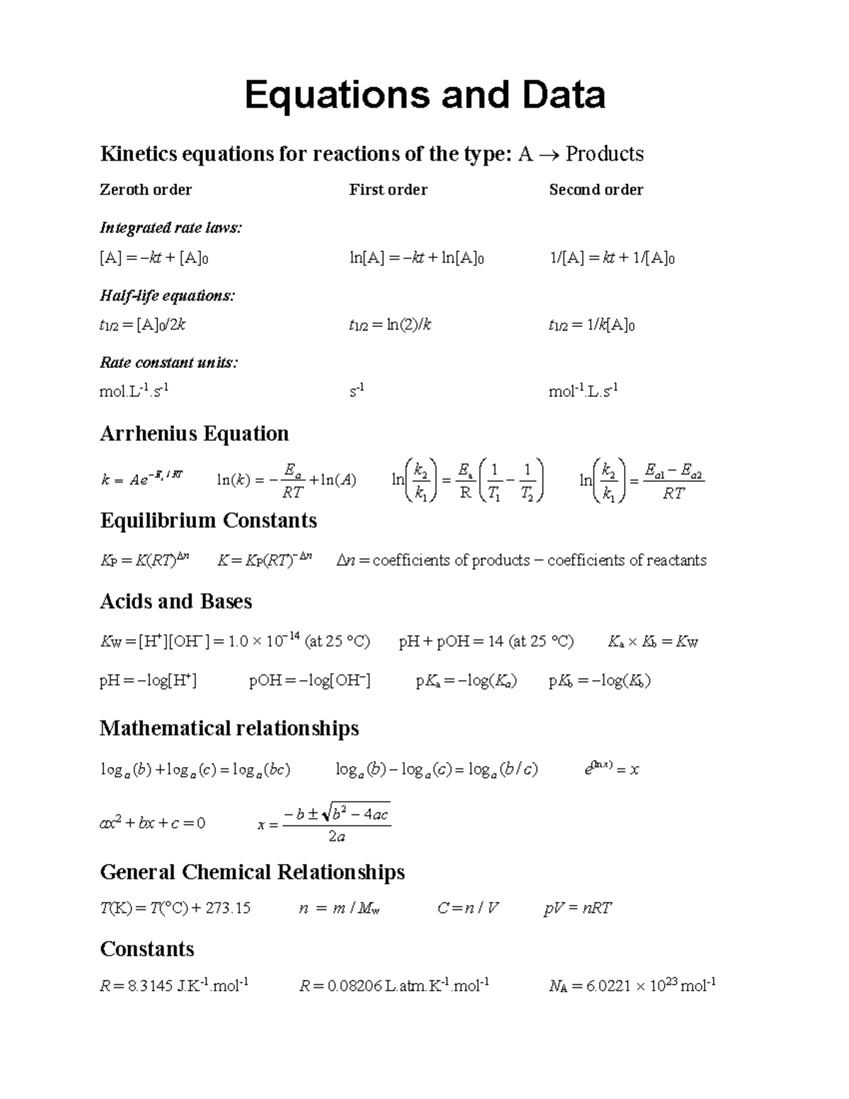 Midterm Equations and Data for Kinetics - CHEM 101 Fall 2025 - Studocu