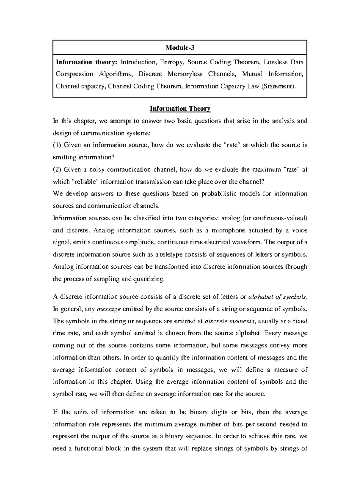 BEC503 DC Module 3 - Information Theory: Entropy, Coding, and Channels ...