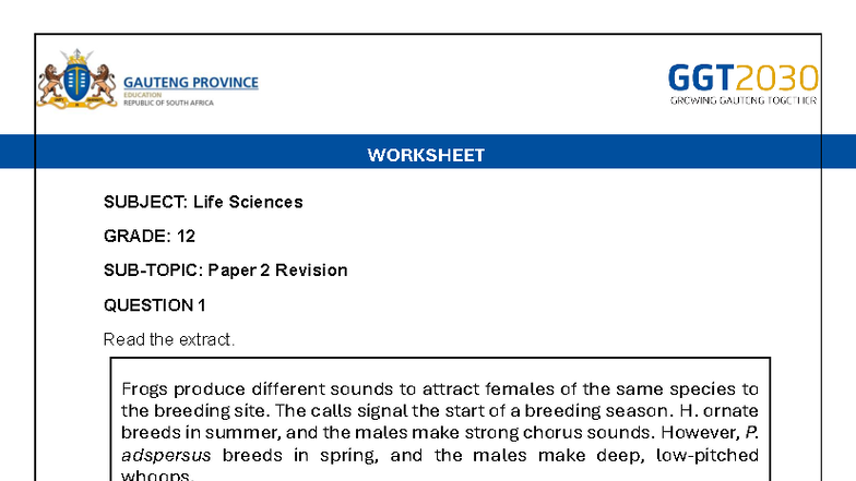 Life Sciences GRADE 12 Paper 2 Revision Worksheet - Studocu