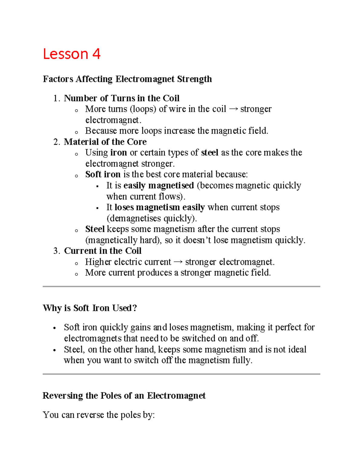 Lesson 4: Factors Influencing Electromagnet Strength - Summary - Studocu