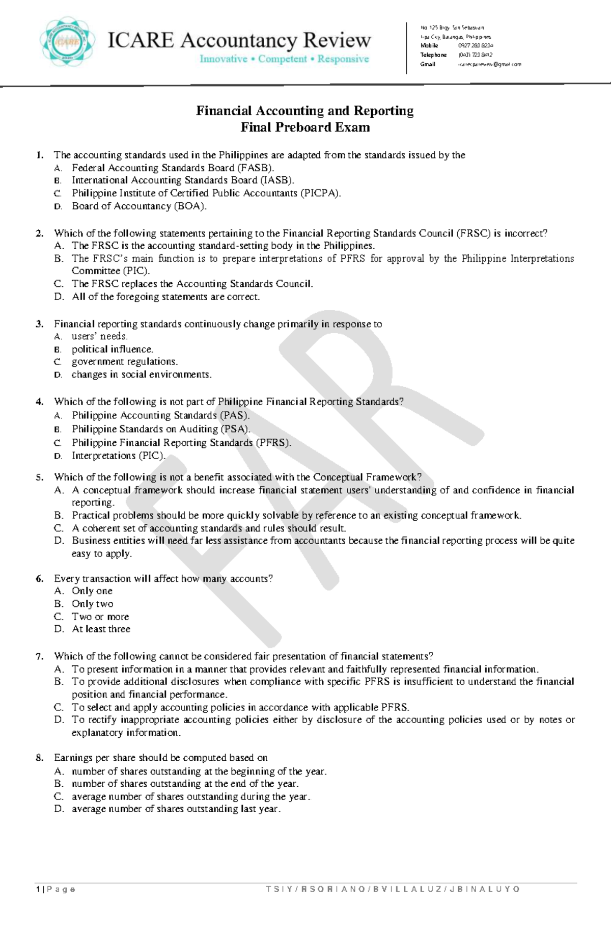 Icare 04 FAR Final Preboard Exam Notes for BSA Students - Studocu