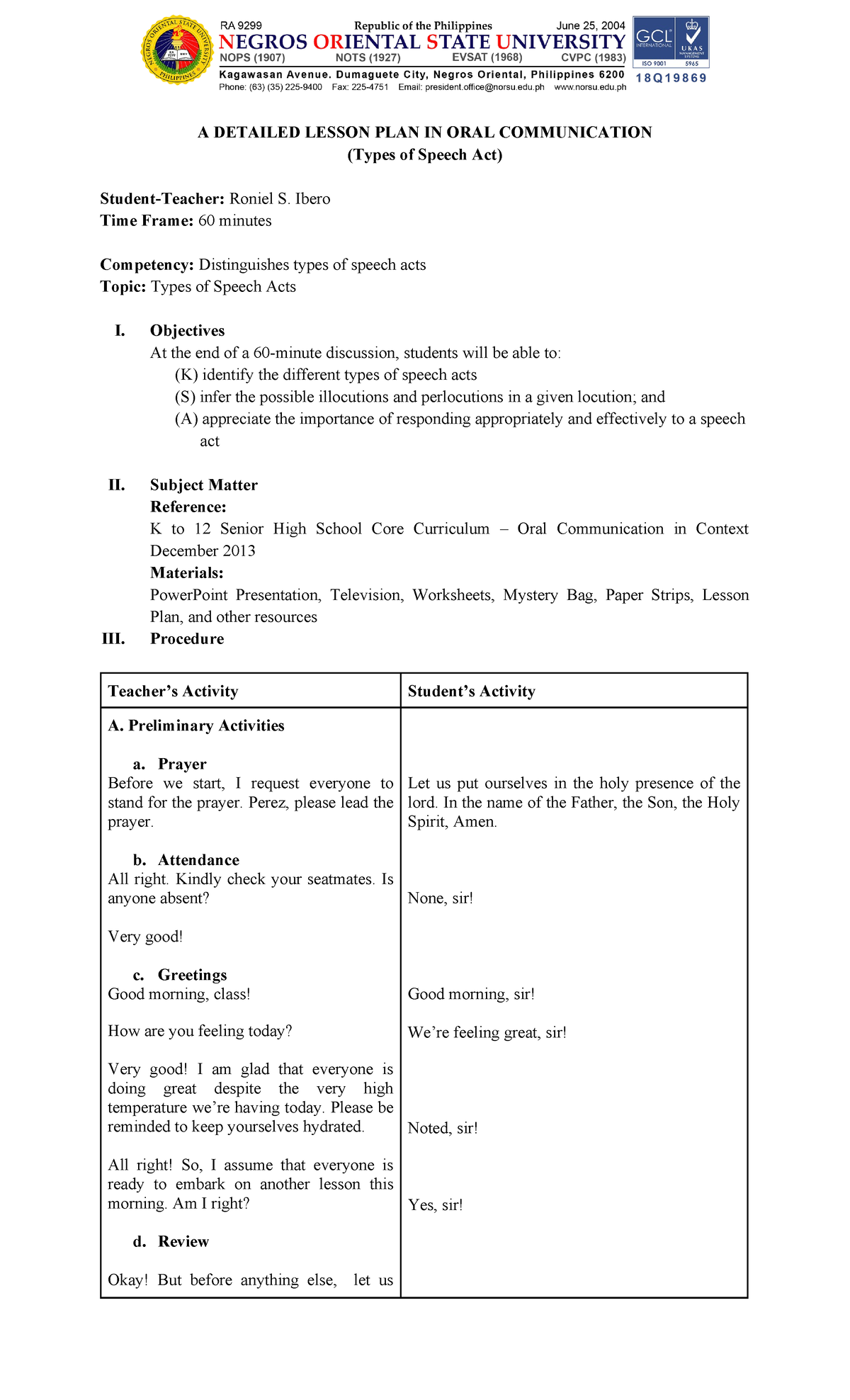 Detailed Lesson Plan: Understanding Types of Speech Acts (Oral Comm ...