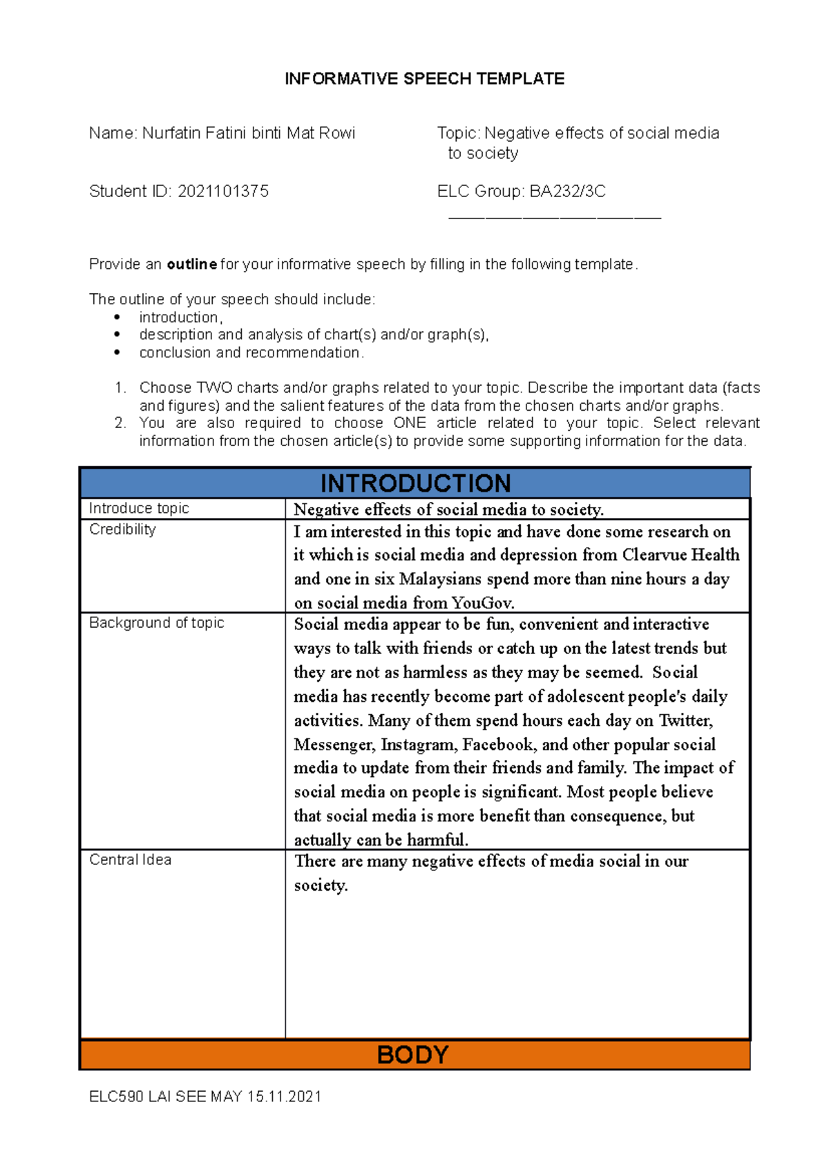 UITM Informative Speech Outline ELC590 (English for Oral Presentations ...