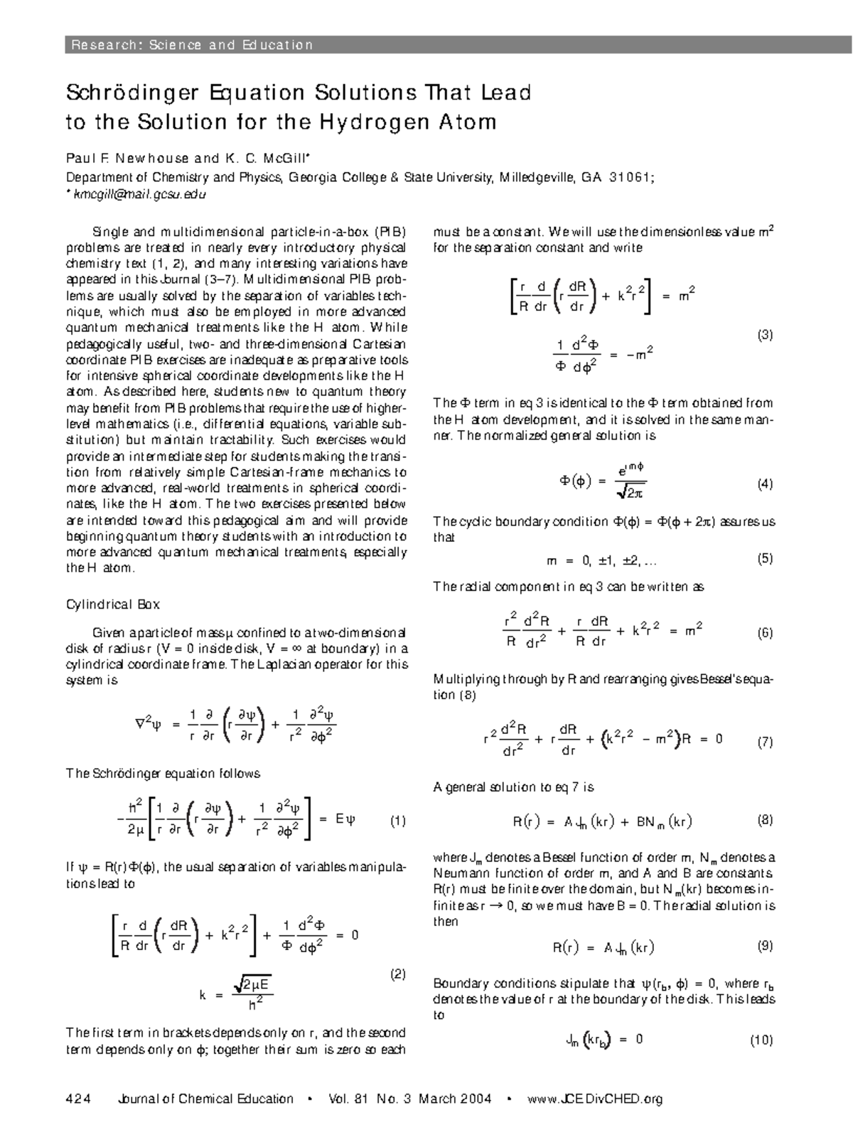 Research: Solutions to the Schrödinger Equation for H Atom in Quantum ...