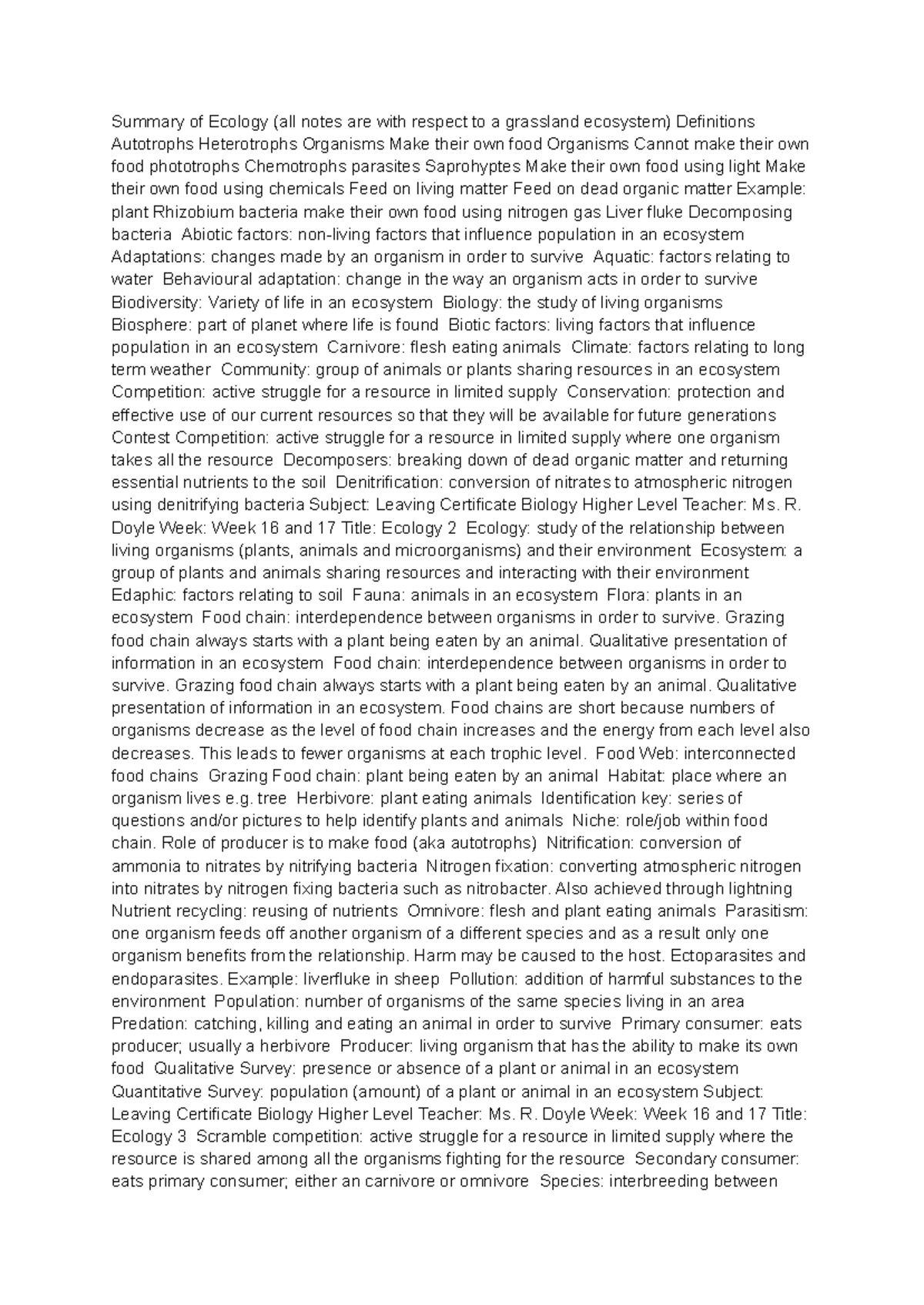 Leaving Certificate Biology HL: Ecology Summary Notes - Studocu