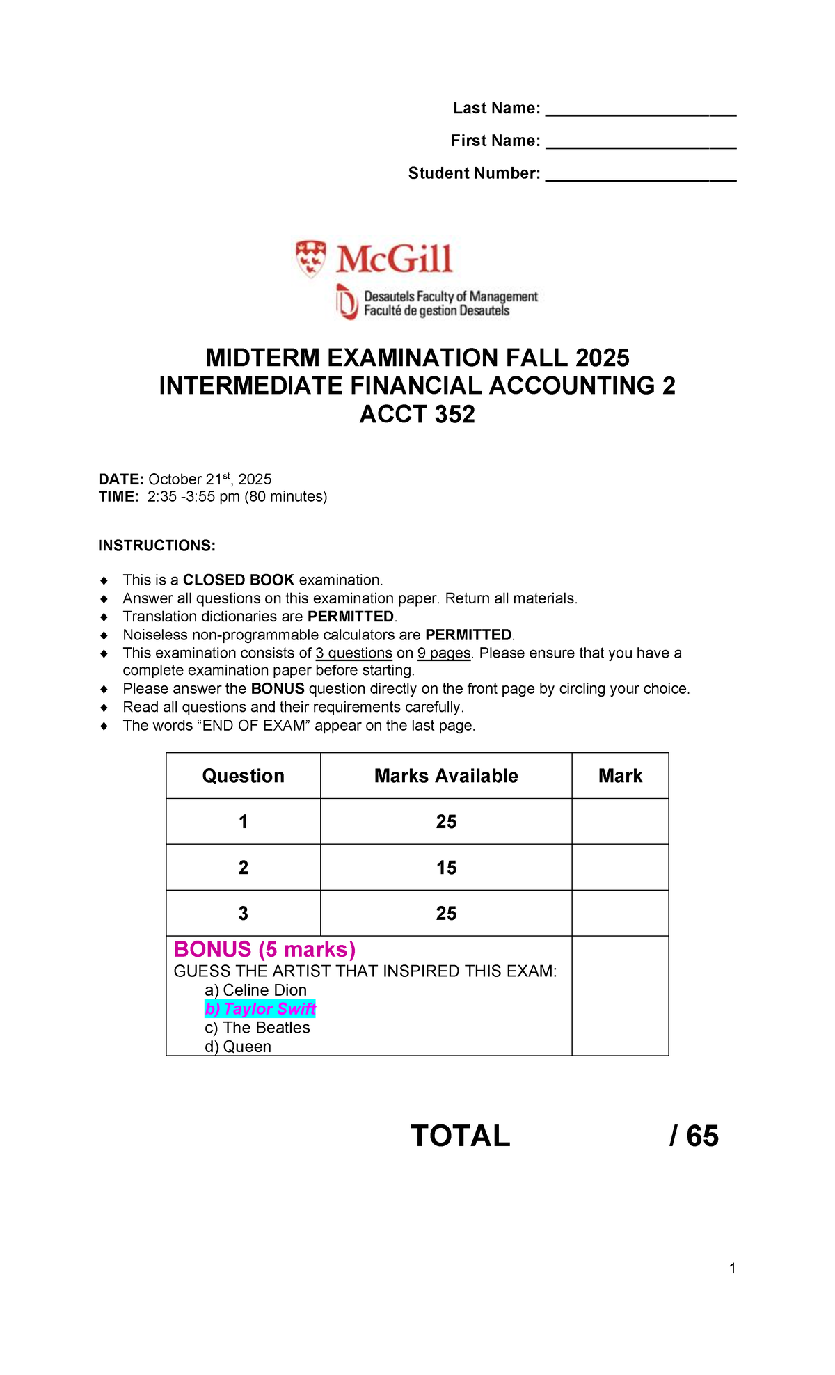 ACCT 352 Fall 2025 Midterm Exam Solutions for Intermediate Financial ...