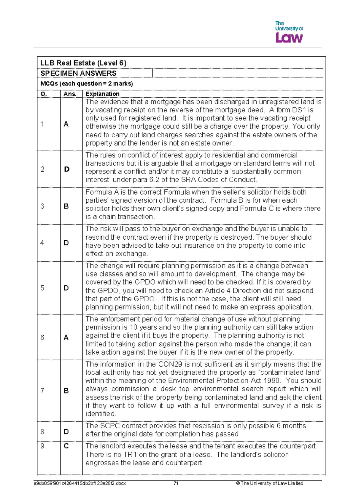LLB Real Estate (Level 6) specimen answers for MCQs and written ...