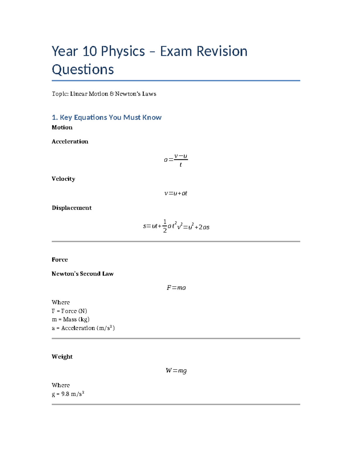 Year 10 Physics Exam Revision: Linear Motion Laws & Key Concepts - Studocu