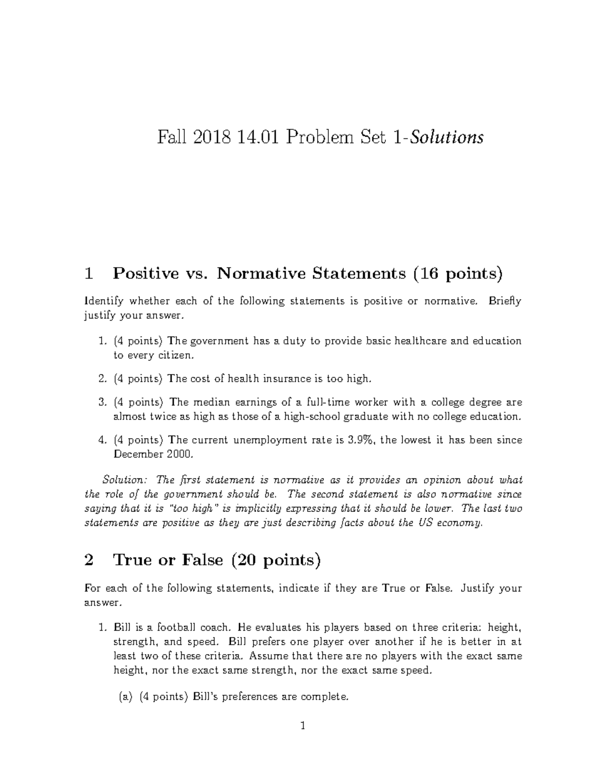 Fall 2018 14.01 Problem Set 1: Positive vs. Normative Statements - Studocu