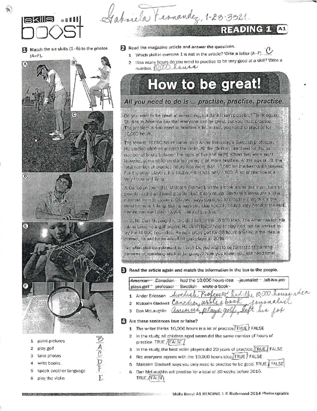 Skills Boost A1 Reading 1 - Practice and Mastery Insights - Studocu