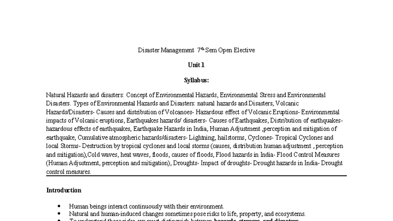 Disaster Management (DM) 7th Sem Open Elective Unit 1 Syllabus Overview ...