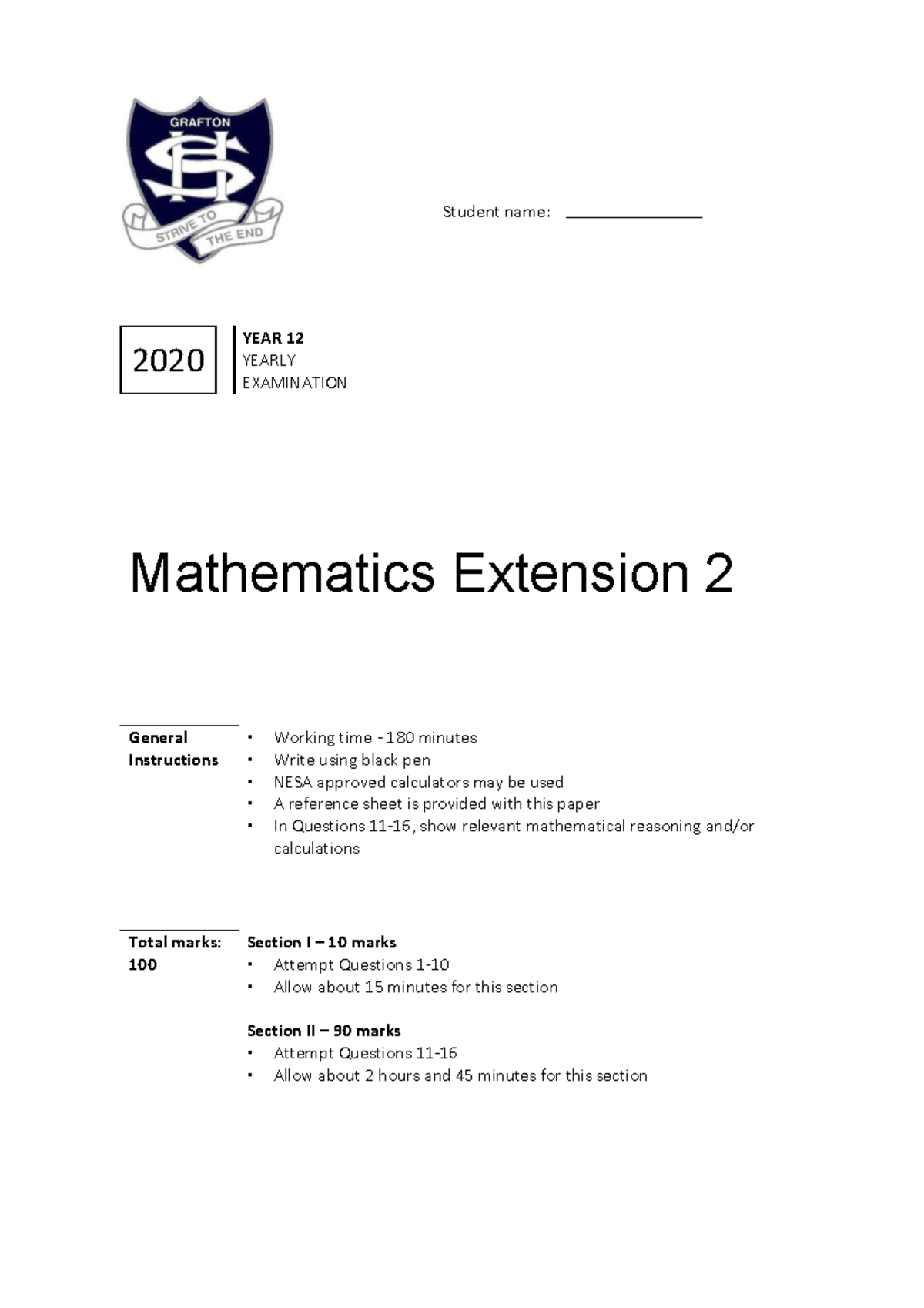 Year 12 Mathematics Extension 2 Yearly Exam 2020 - Studocu